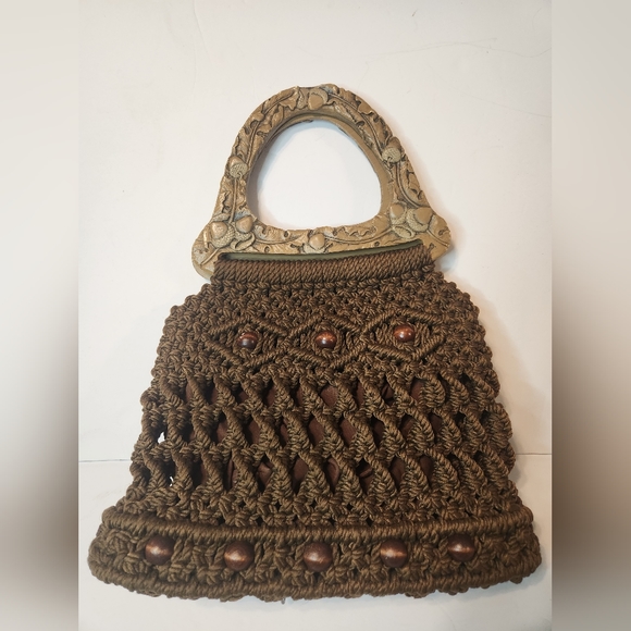 Bags | Vintage Macrame Brown Brown Beads Carved Lucit Handles Acorns ...